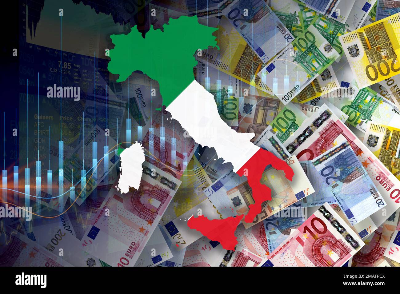 Italy map and flag, cash euro banknotes and stock market indicators ...