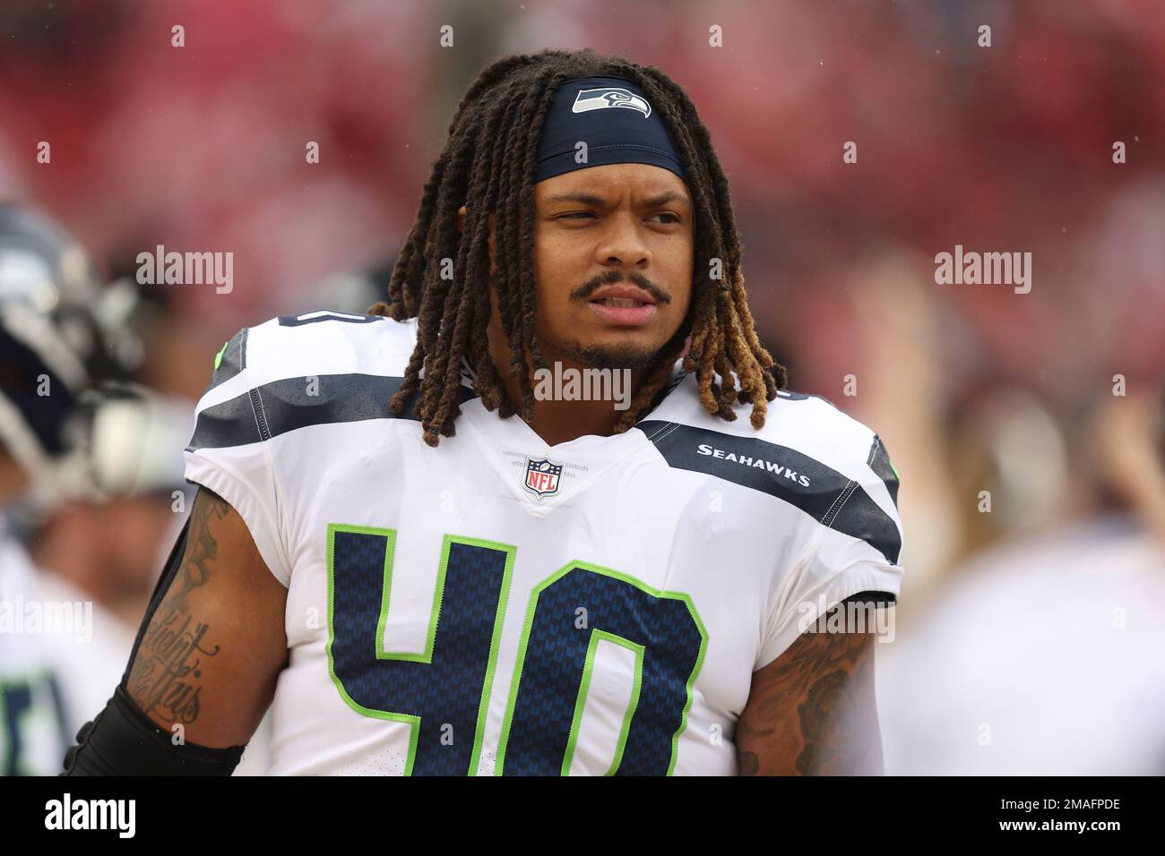 Seattle Seahawks defensive end Darryl Johnson (40) looks on from the sideline during an NFL ...