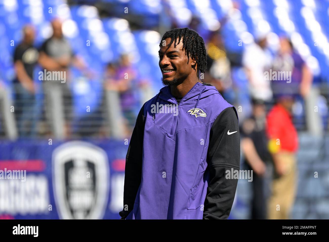 Baltimore Ravens wide receiver James Proche II smiles during pre-game ...