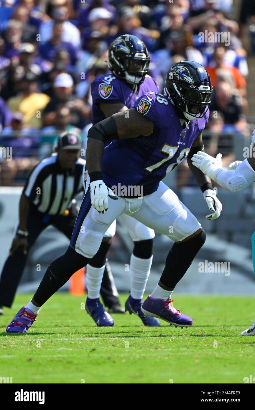 Baltimore Ravens offensive tackle Morgan Moses (78) in action during ...