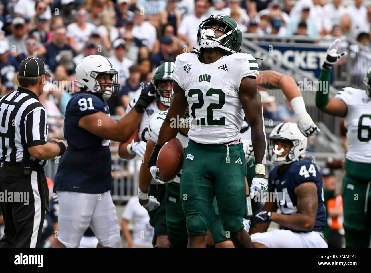 Ohio running back Sieh Bangura (22) celebrates after scoring a ...