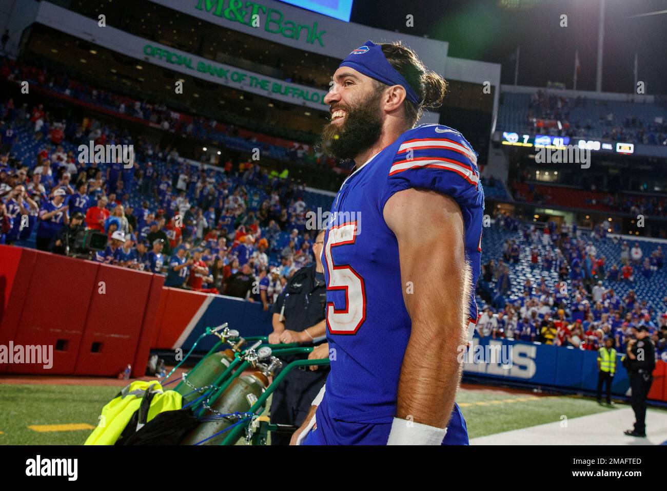Buffalo Bills wide receiver Jake Kumerow (15) smiles as he exits the ...
