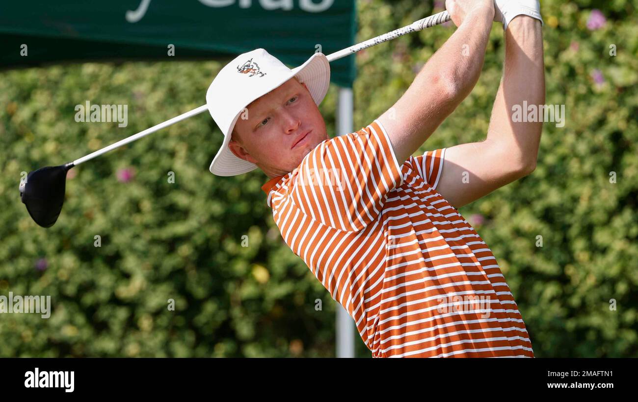 Texas Travis Vick hits a tee shot on the 1st hole during an NCAA golf ...