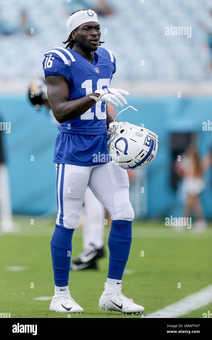 Indianapolis Colts wide receiver Ashton Dulin (16) talks during warmups ...