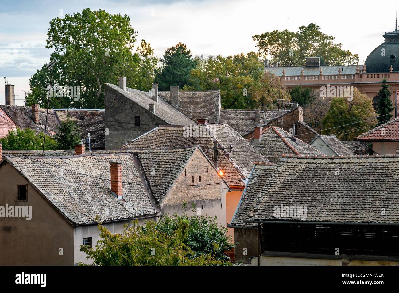 A rooftop view of medieval houses in a village with green trees Stock ...