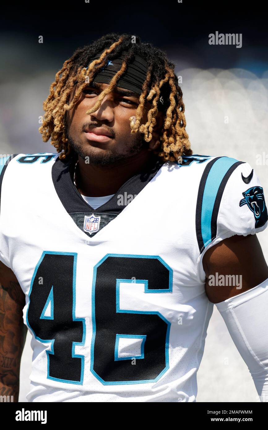 Carolina Panthers defensive end Arron Mosby (46) warms up before an NFL ...