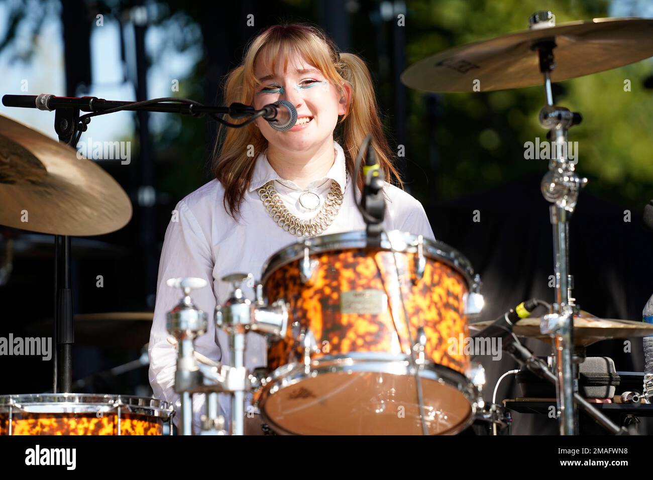 Rebecca Webster, of the band Kid Sistr, performs on day three of Riot ...