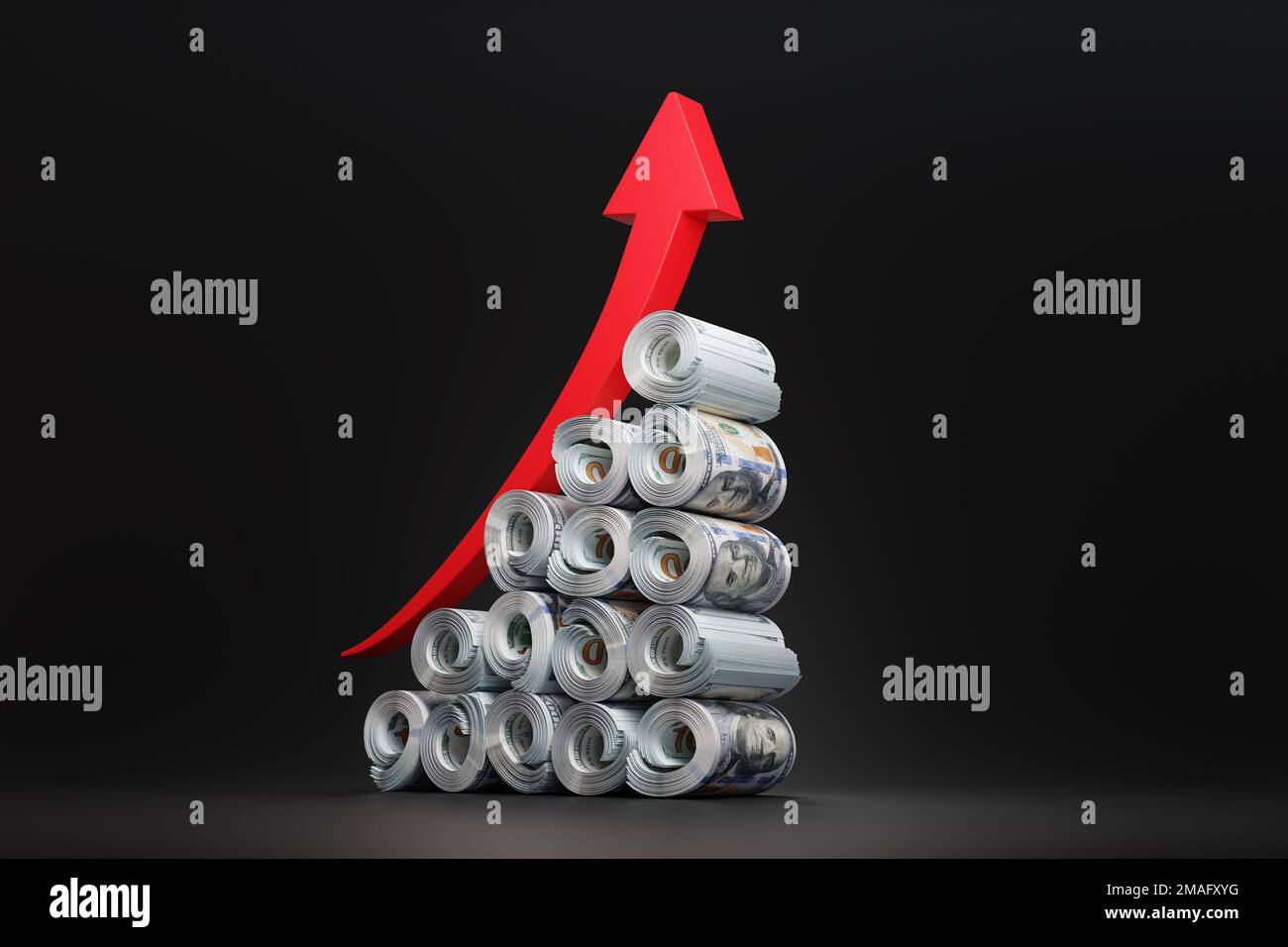 Stock graph formed by rolls of US one hundred dollar bills with a red ...
