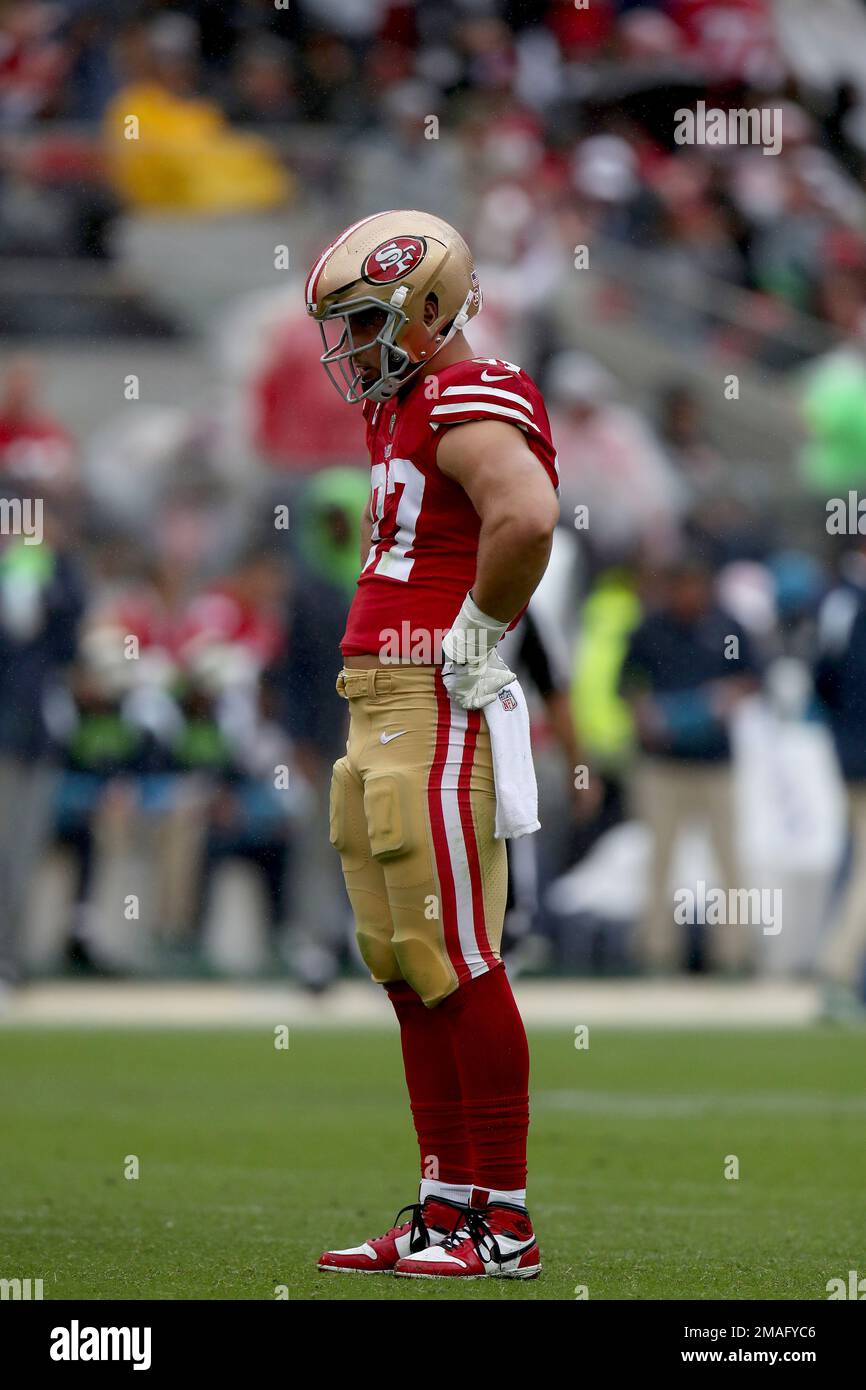San Francisco 49ers defensive end Nick Bosa (97) stands on the field ...