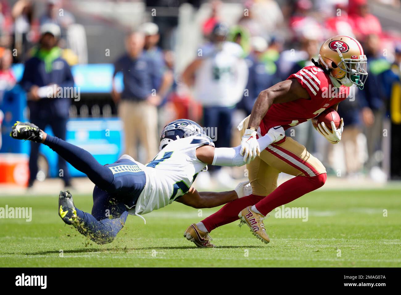 San Francisco 49ers wide receiver Ray-Ray McCloud III, right, runs ...