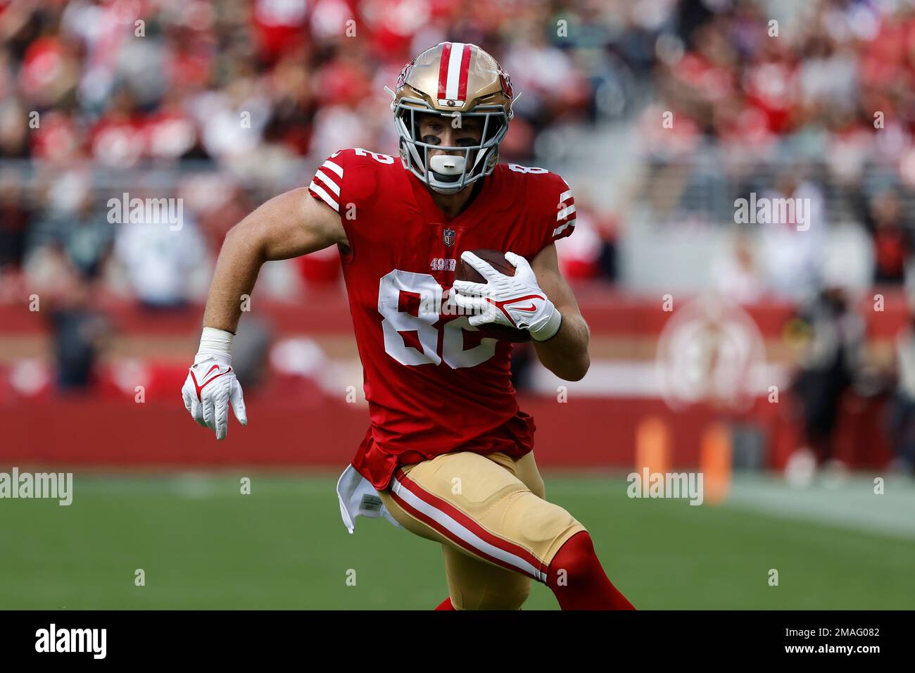 San Francisco 49ers tight end Ross Dwelley (82) during an NFL football ...
