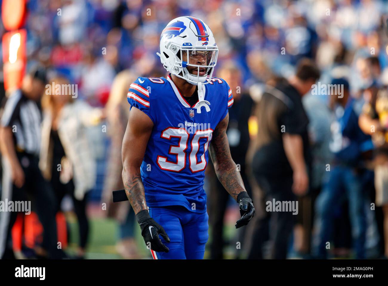 Buffalo Bills cornerback Dane Jackson (30) warms up before an NFL ...