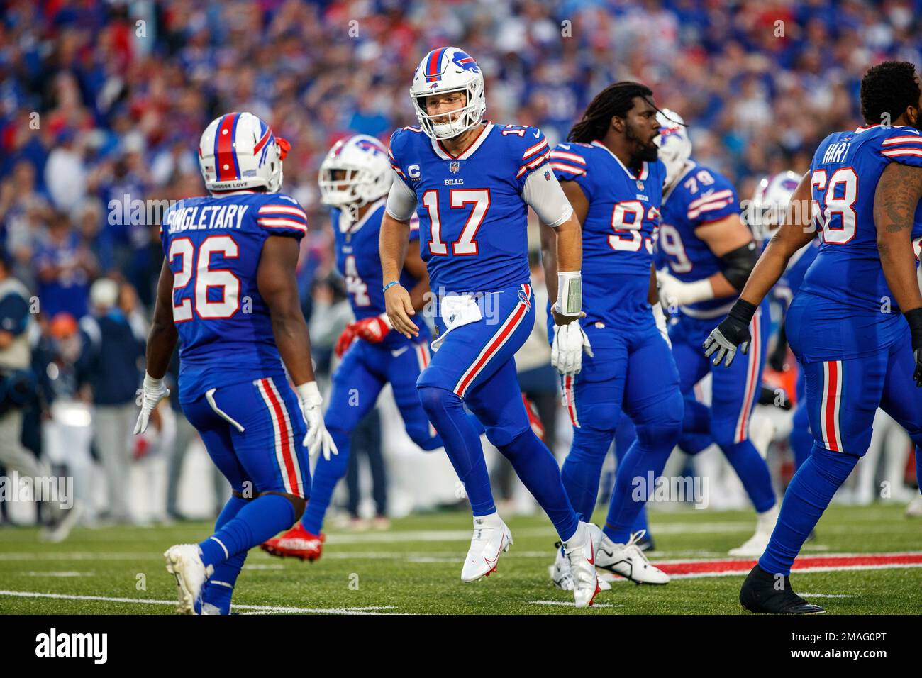 Buffalo Bills quarterback Josh Allen (17) reacts before an NFL football ...