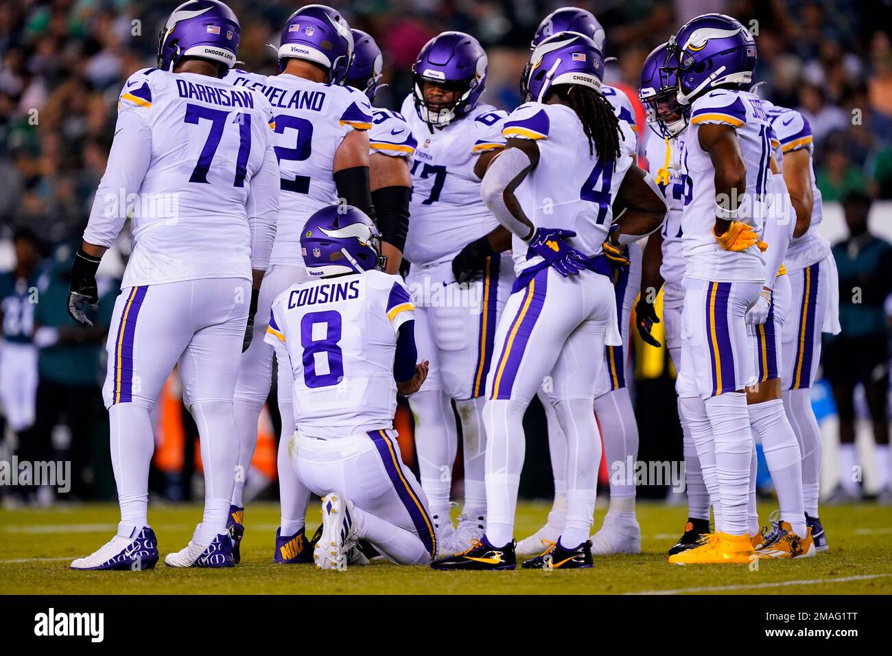 Minnesota Vikings quarterback Kirk Cousins (8) calls a play in the ...
