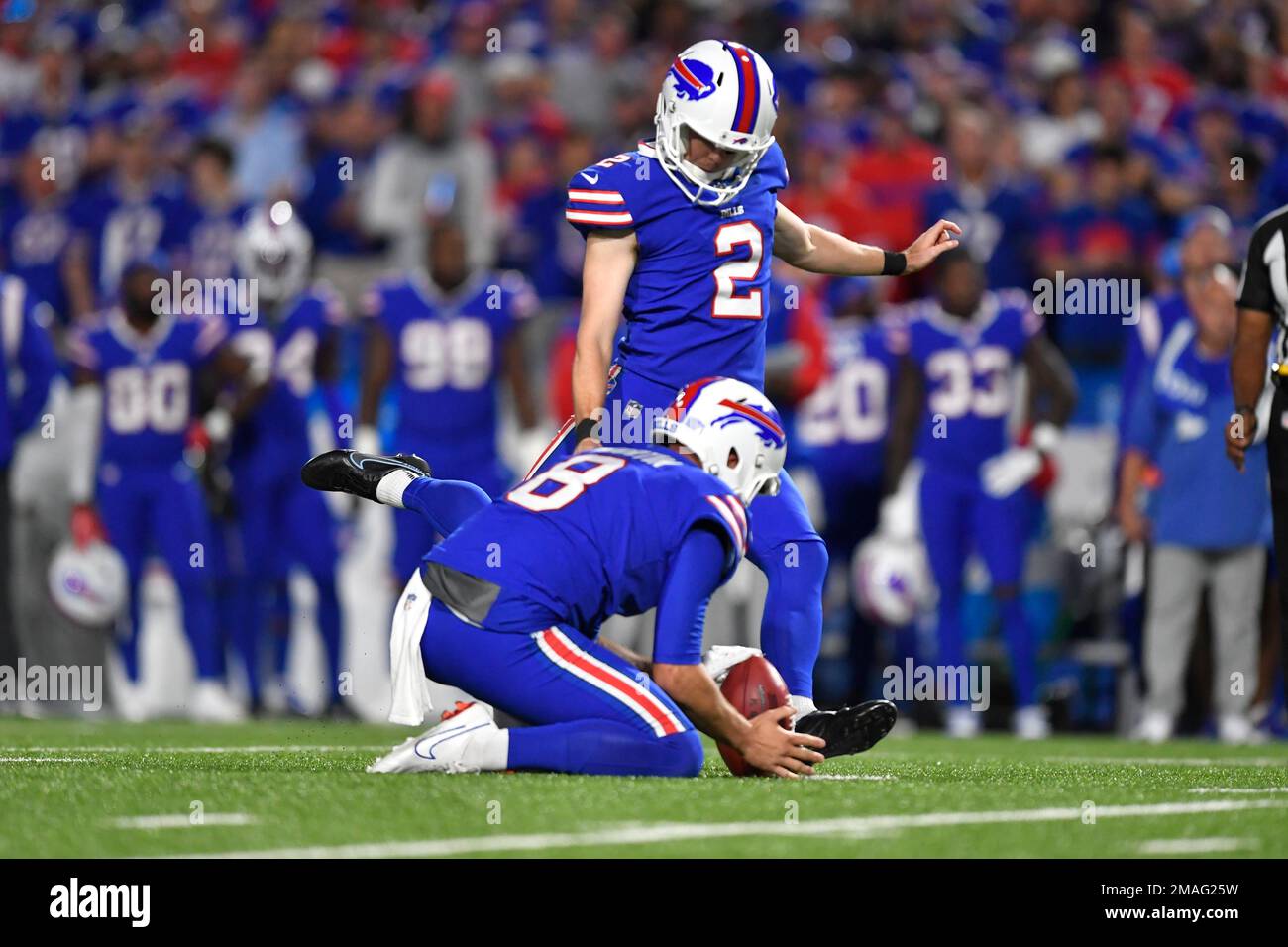 Buffalo Bills' Tyler Bass (2) kicks a field goal during the second half ...