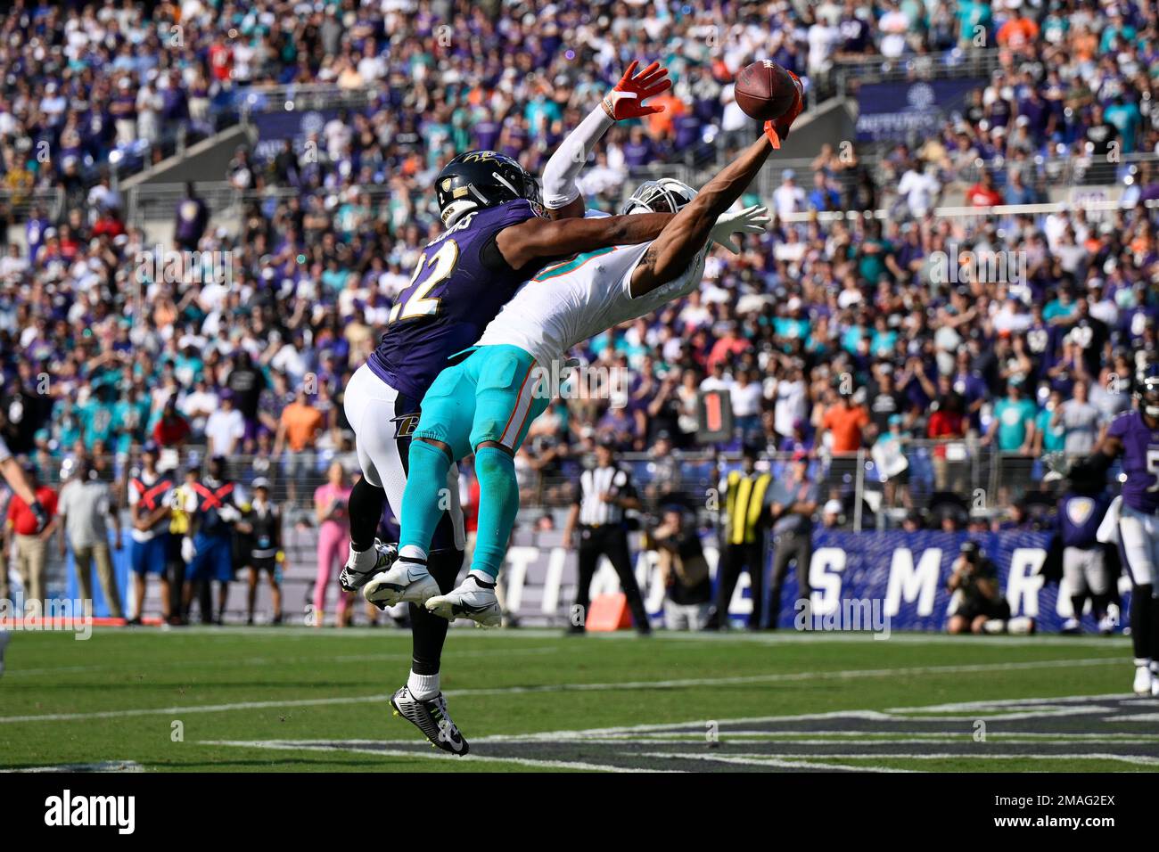 Baltimore Ravens cornerback Damarion Williams (22) breaks up a pass ...