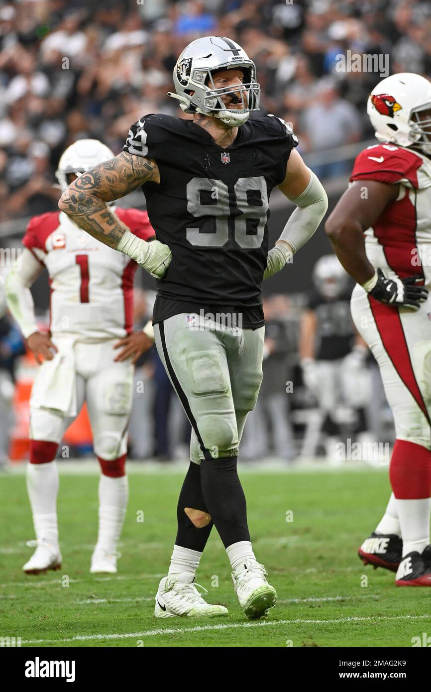 Las Vegas Raiders defensive end Maxx Crosby (98) reacts after a play against the Arizona ...