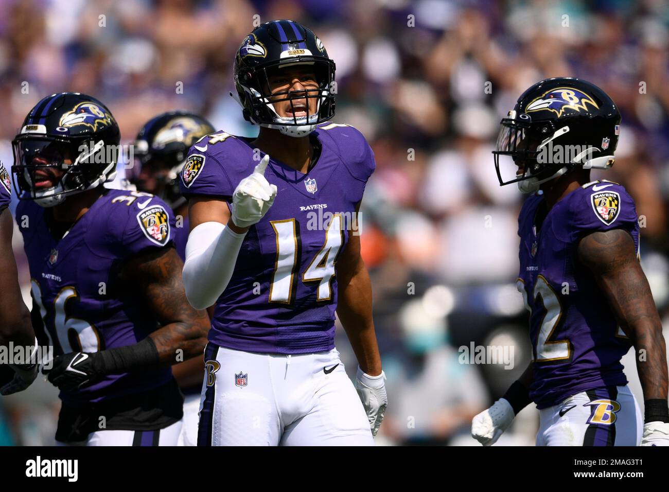 Baltimore Ravens safety Kyle Hamilton (14) gestures during the first ...