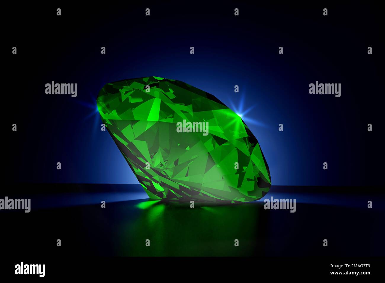 Beautiful Shiny Green Emerald Diamond on Black Blue Background - 3D ...