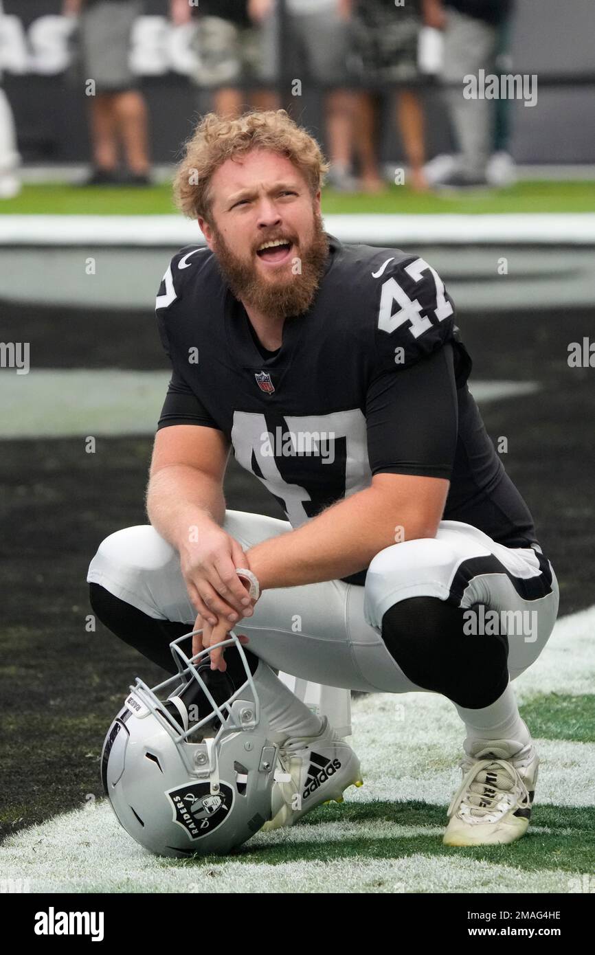 Las Vegas Raiders long snapper Trent Sieg (47) warms up before an NFL ...