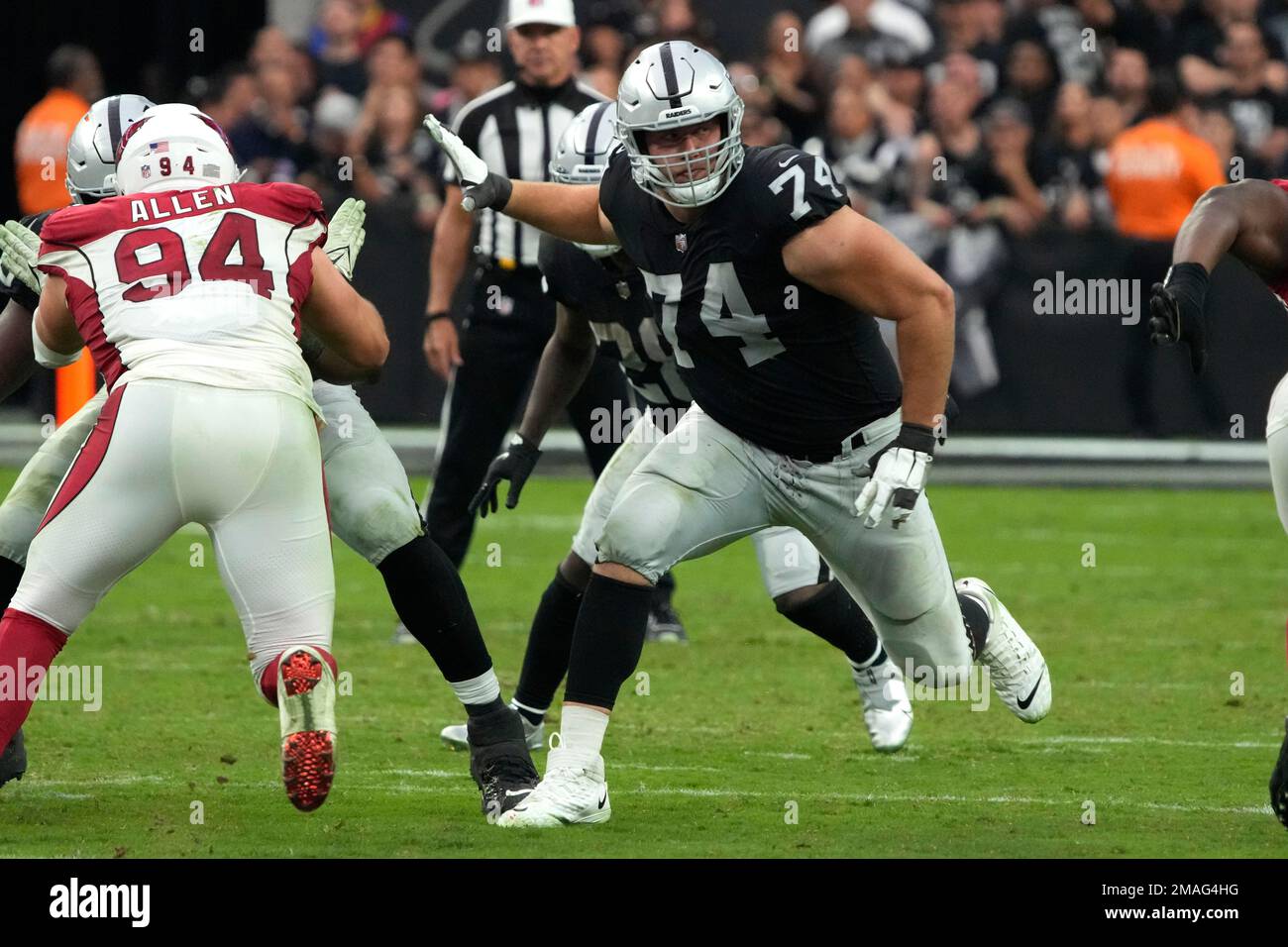 Las Vegas Raiders offensive tackle Kolton Miller (74) during the first ...