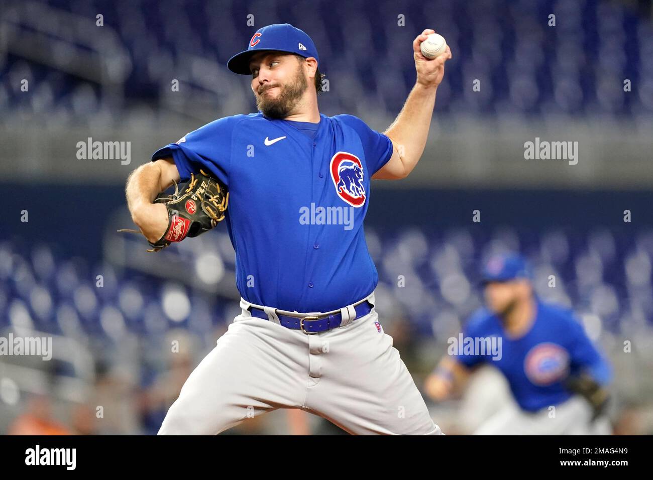 Chicago Cubs starting pitcher Wade Miley throws during the first inning ...