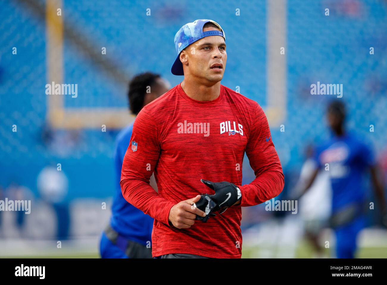 Buffalo Bills safety Jordan Poyer (21) warms up before an NFL football ...