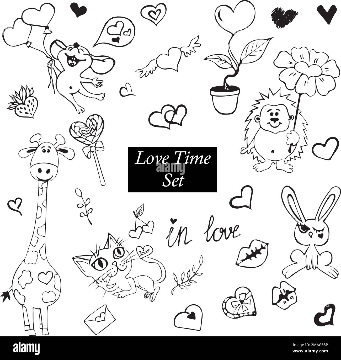 Love Animals Doddle Set in Black and White Colors. Vector Illustration ...