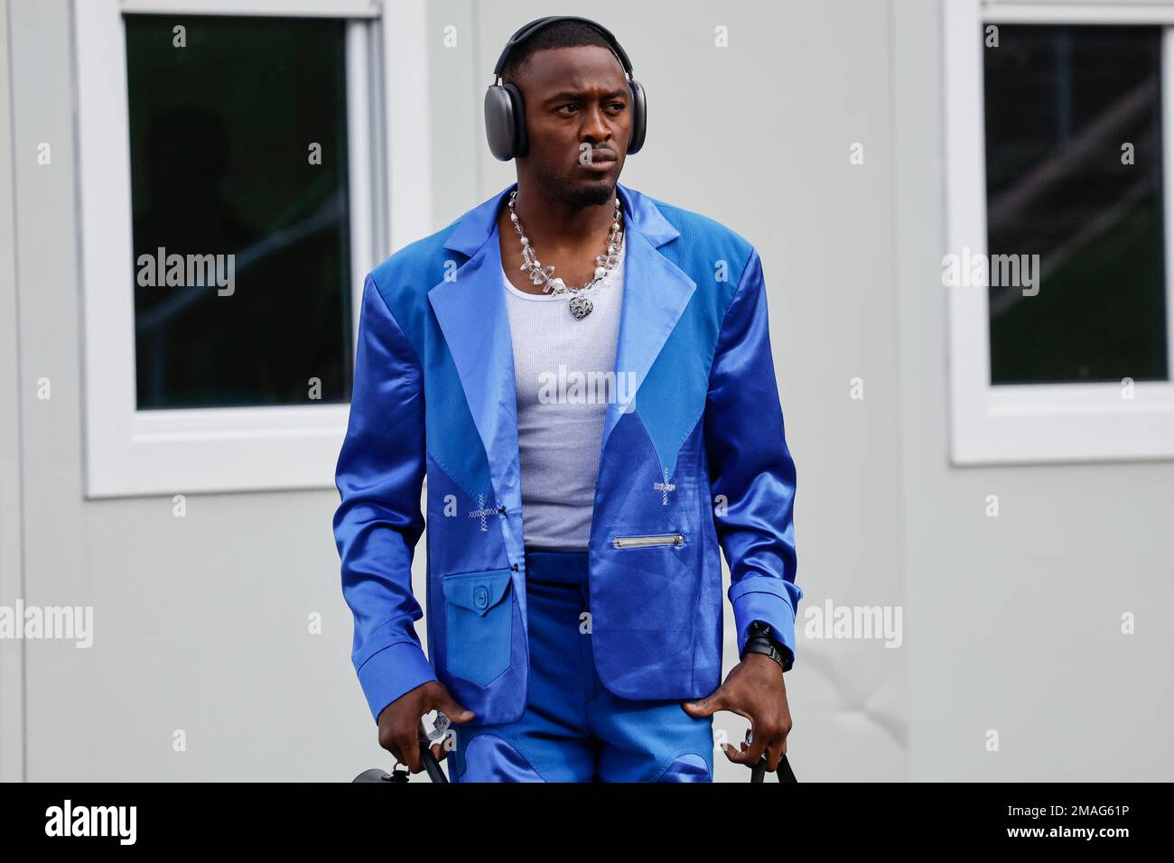 Tennessee Titans safety Joshua Kalu arrives before an NFL football game against the Buffalo ...