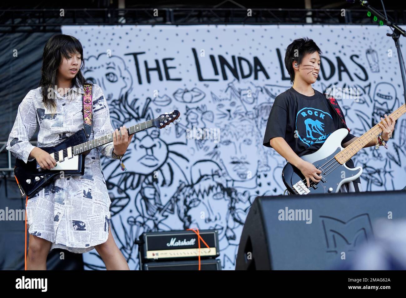 Lucia de la Garza, left, and Eloise Wong of The Linda Lindas perform on ...