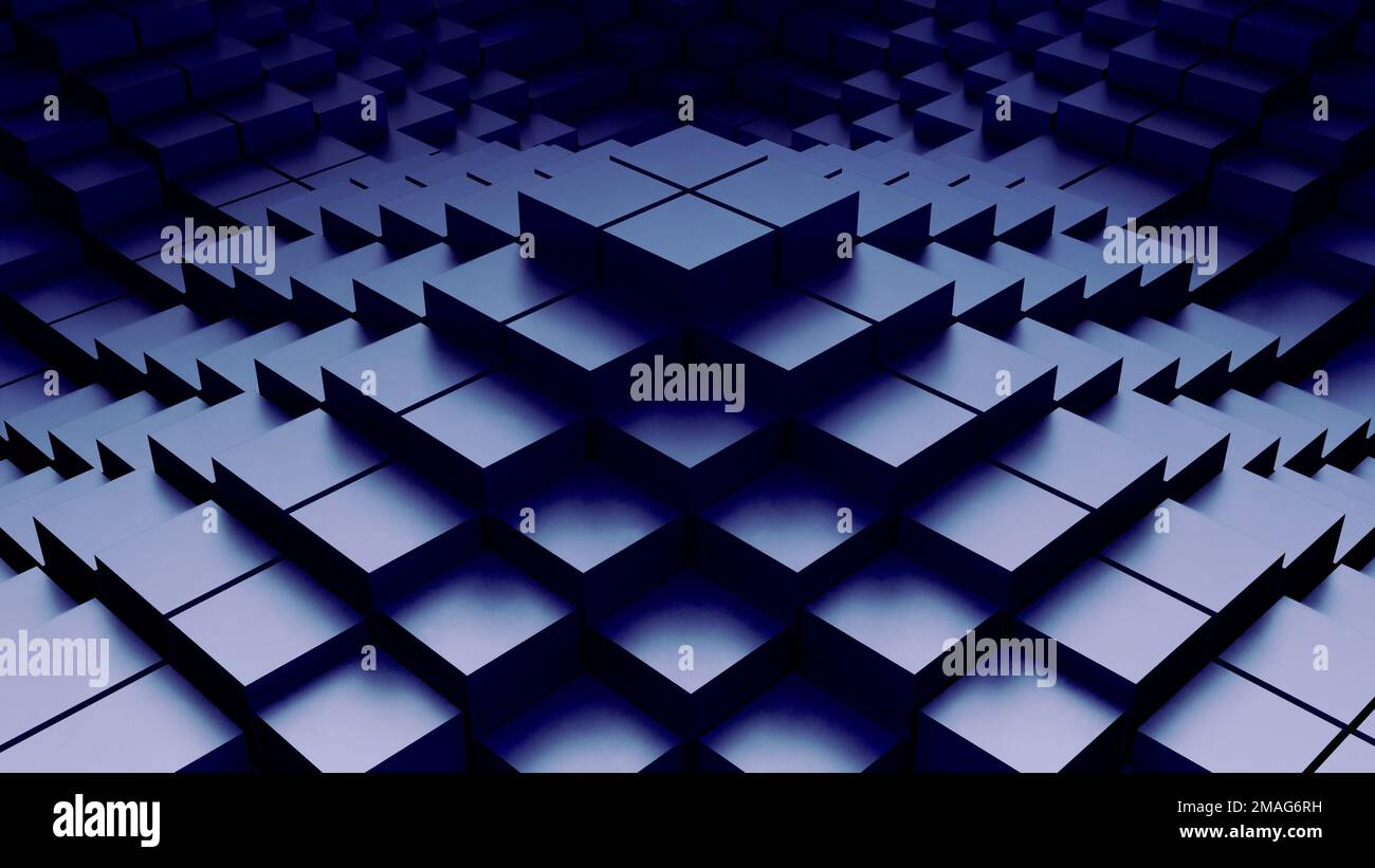 Dark blue abstract moving square elements and shadows. Reflective ...