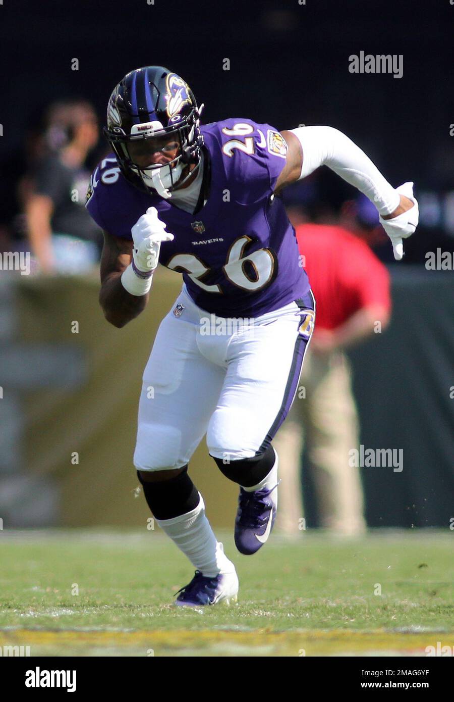 Baltimore Ravens safety Geno Stone (26) runs during an NFL football ...