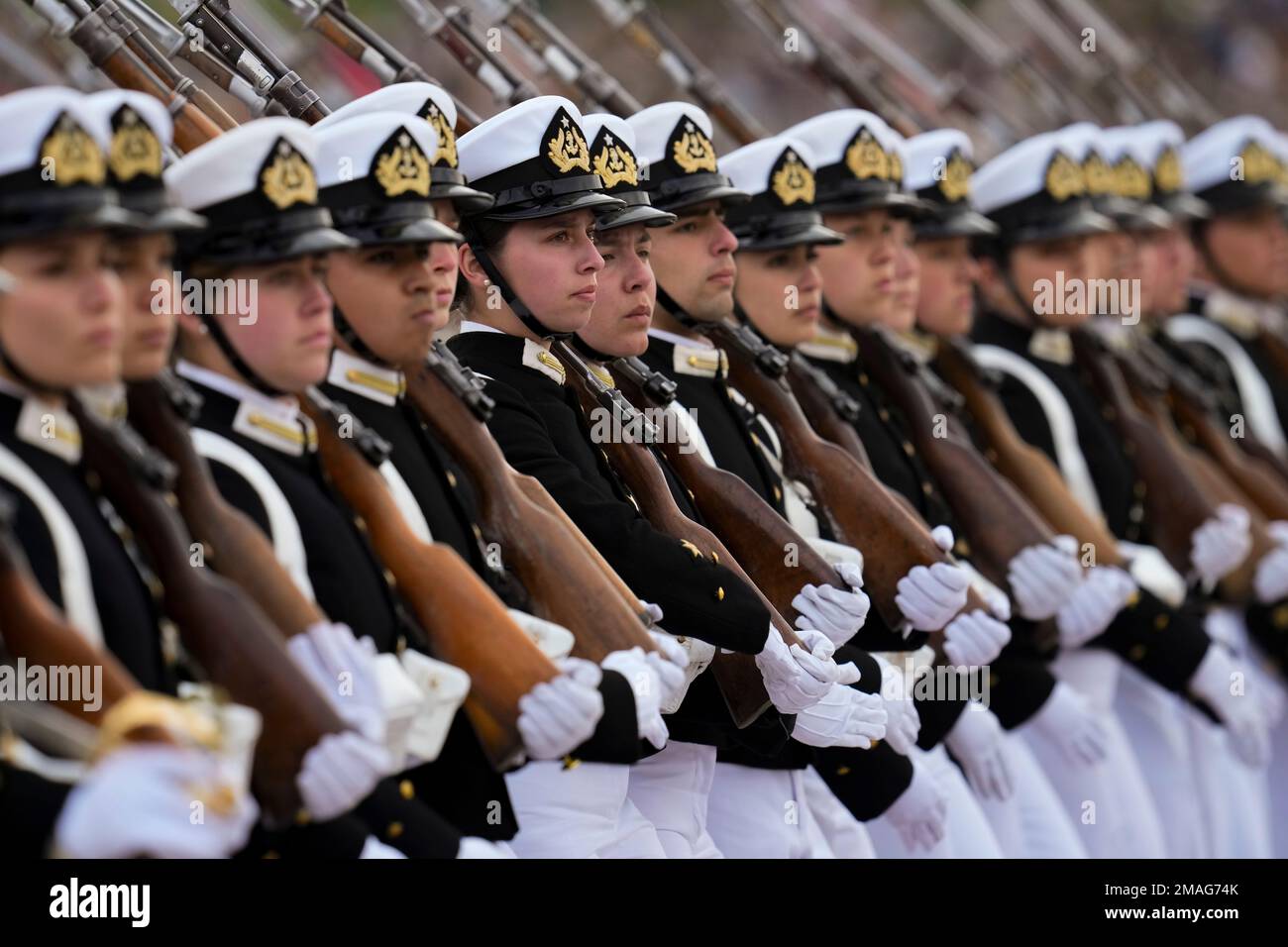 Chilean Navy officers march during a military parade to celebrate ...