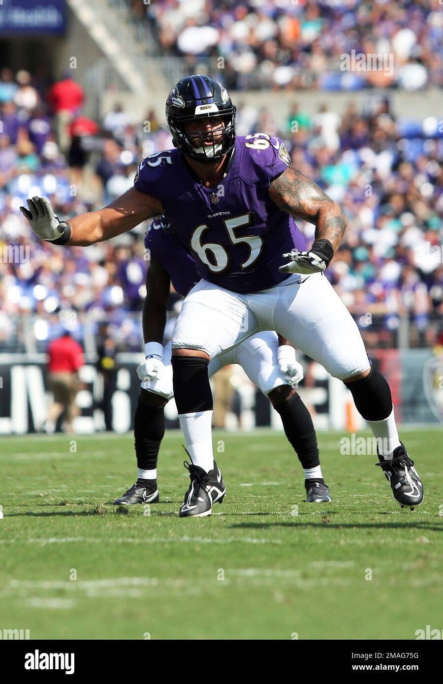 Baltimore Ravens guard Patrick Mekari (65) blocks during an NFL ...
