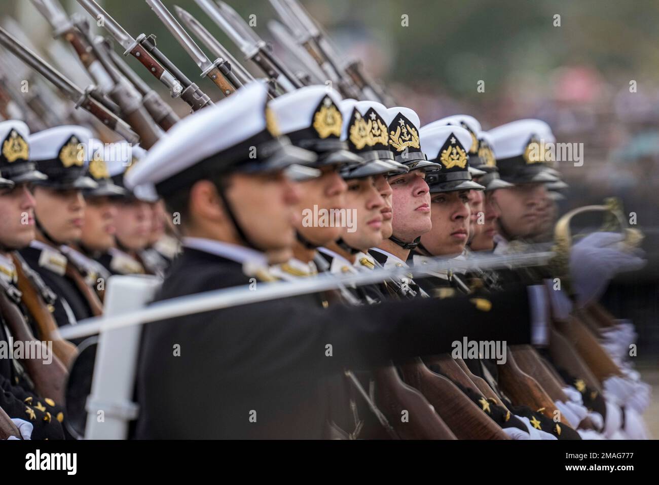 Chilean Navy officers march during a military parade to celebrate ...