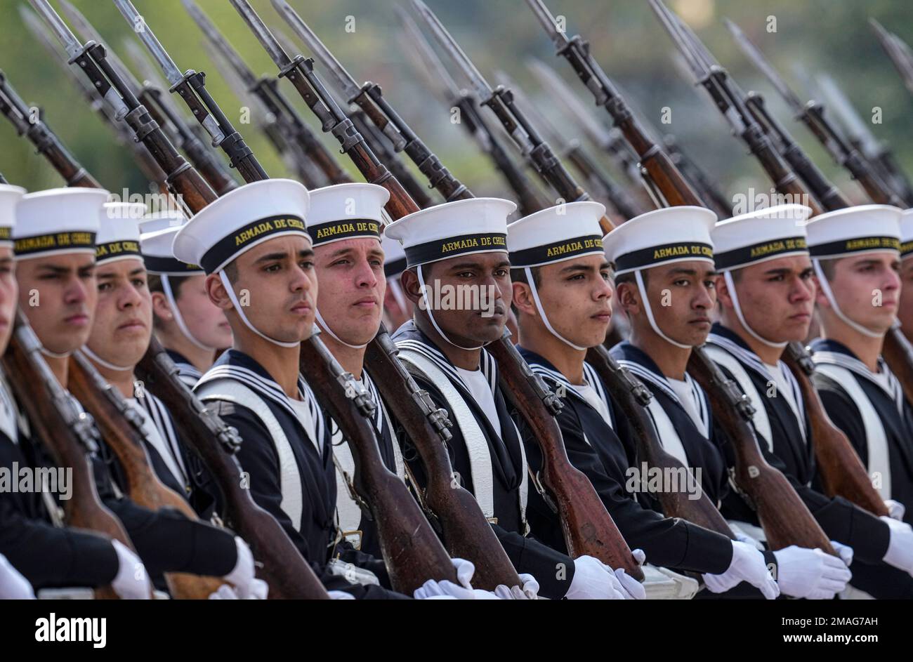 Chilean sailors march during a military parade to celebrate ...