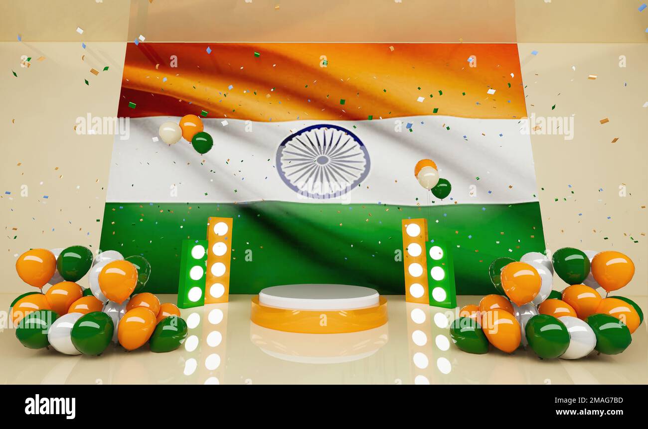 Indian Independence day podium pedestal with flag and tricolor balloons ...