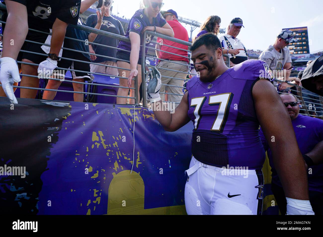 Baltimore Ravens offensive tackle Daniel Faalele heads to the lockers ...