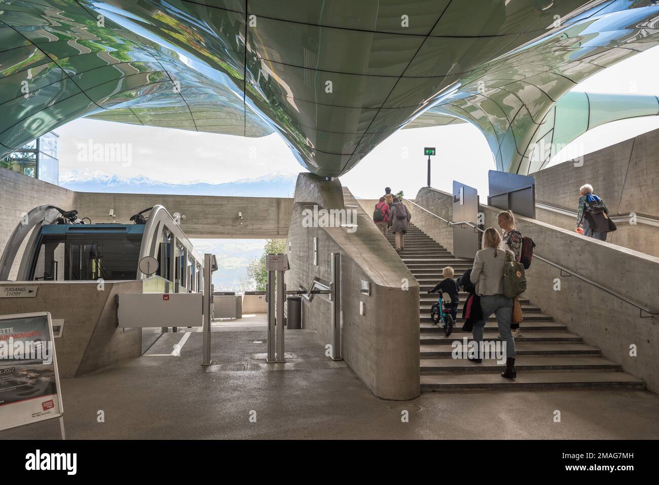 Hungerburg Innsbruck, view inside the Hungerburgbahn showing travelers ...