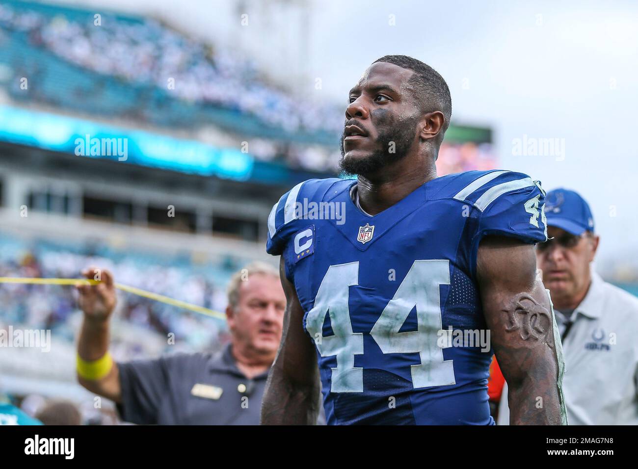Indianapolis Colts linebacker Zaire Franklin (44) leaves the field after an NFL football game ...