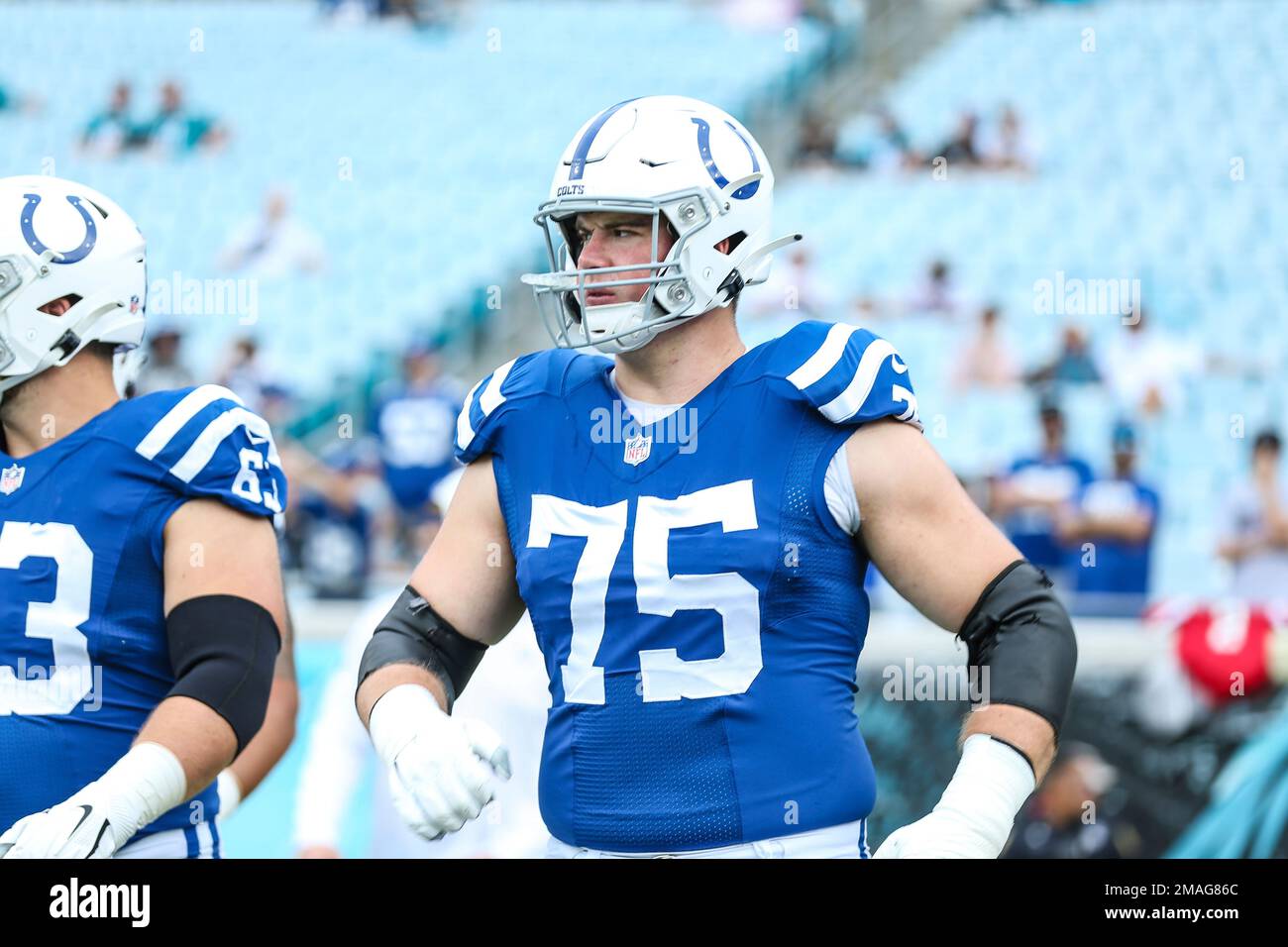 Indianapolis Colts guard Will Fries (75) runs onto the field for an NFL ...
