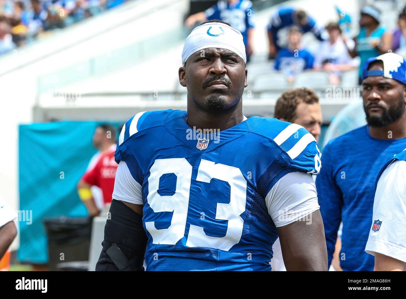 Indianapolis Colts defensive tackle Eric Johnson (93) on the sidelines ...