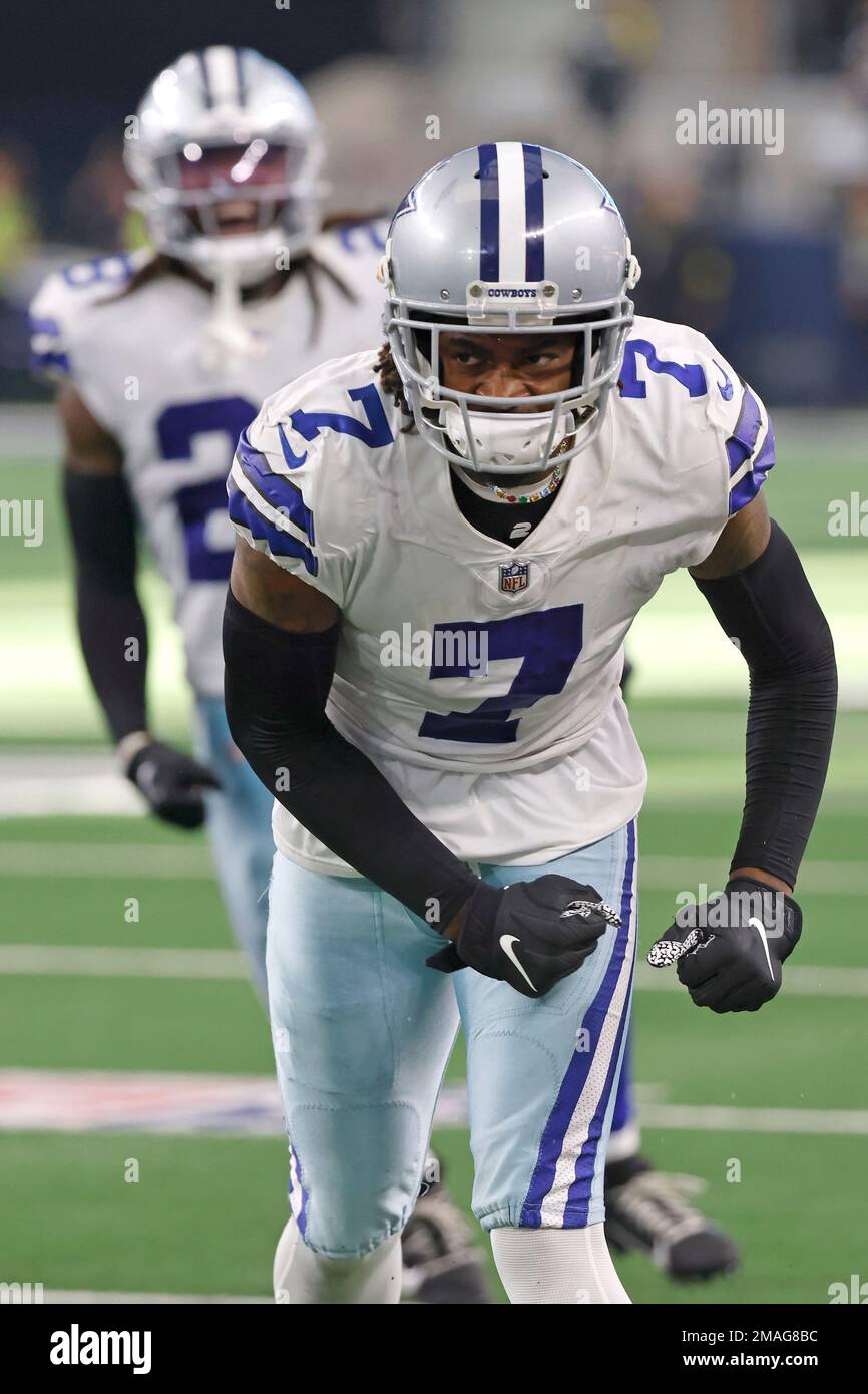 Dallas Cowboys cornerback Trevon Diggs (7) reacts after stopping the ...