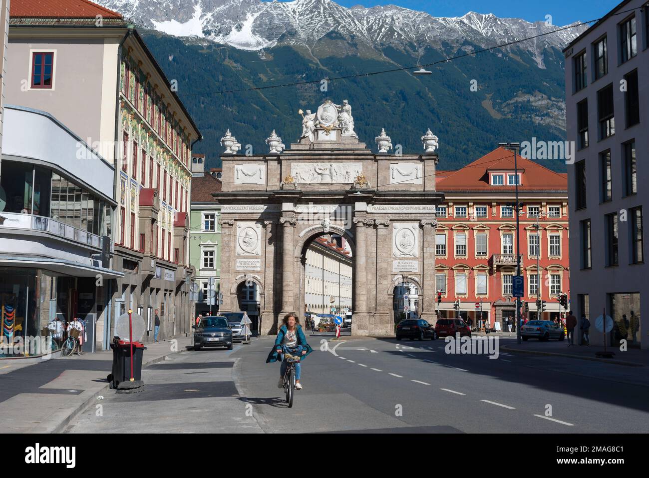 Triumphal arch Innsbruck, view in summer of the Triumppforte, a ...