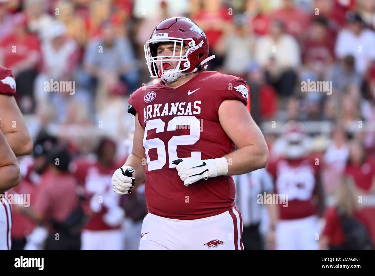 Arkansas offensive lineman Brady Latham (62) against Missouri State ...