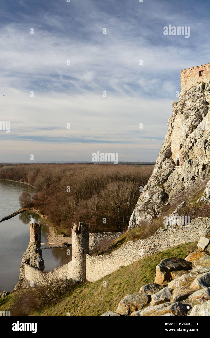 The confluence of Danube and Morava rivers. Devin castle. Devin ...