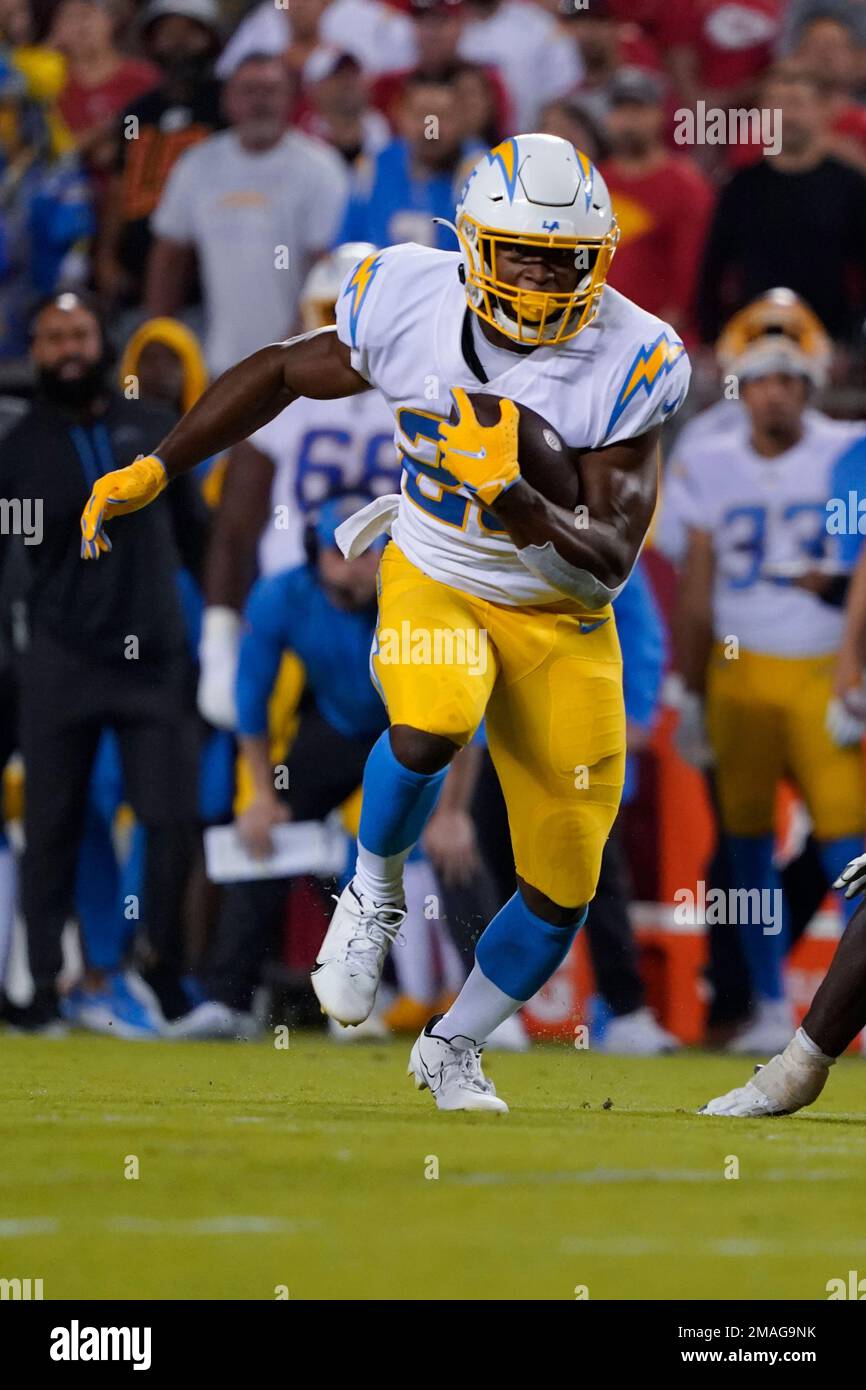 Los Angeles Chargers running back Joshua Kelley rushes against the ...