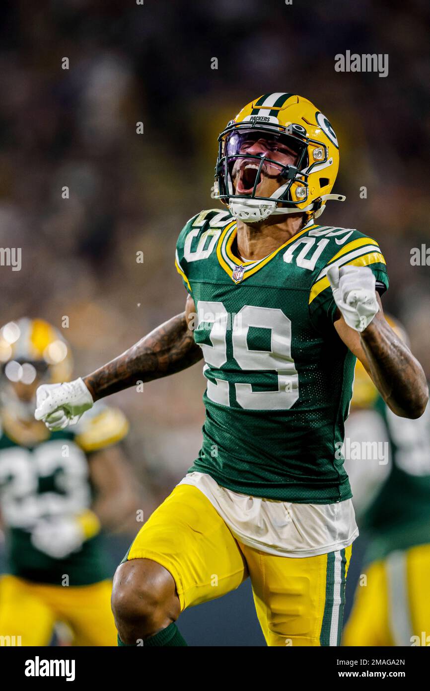 Green Bay Packers cornerback Rasul Douglas (29) reacts during an NFL ...