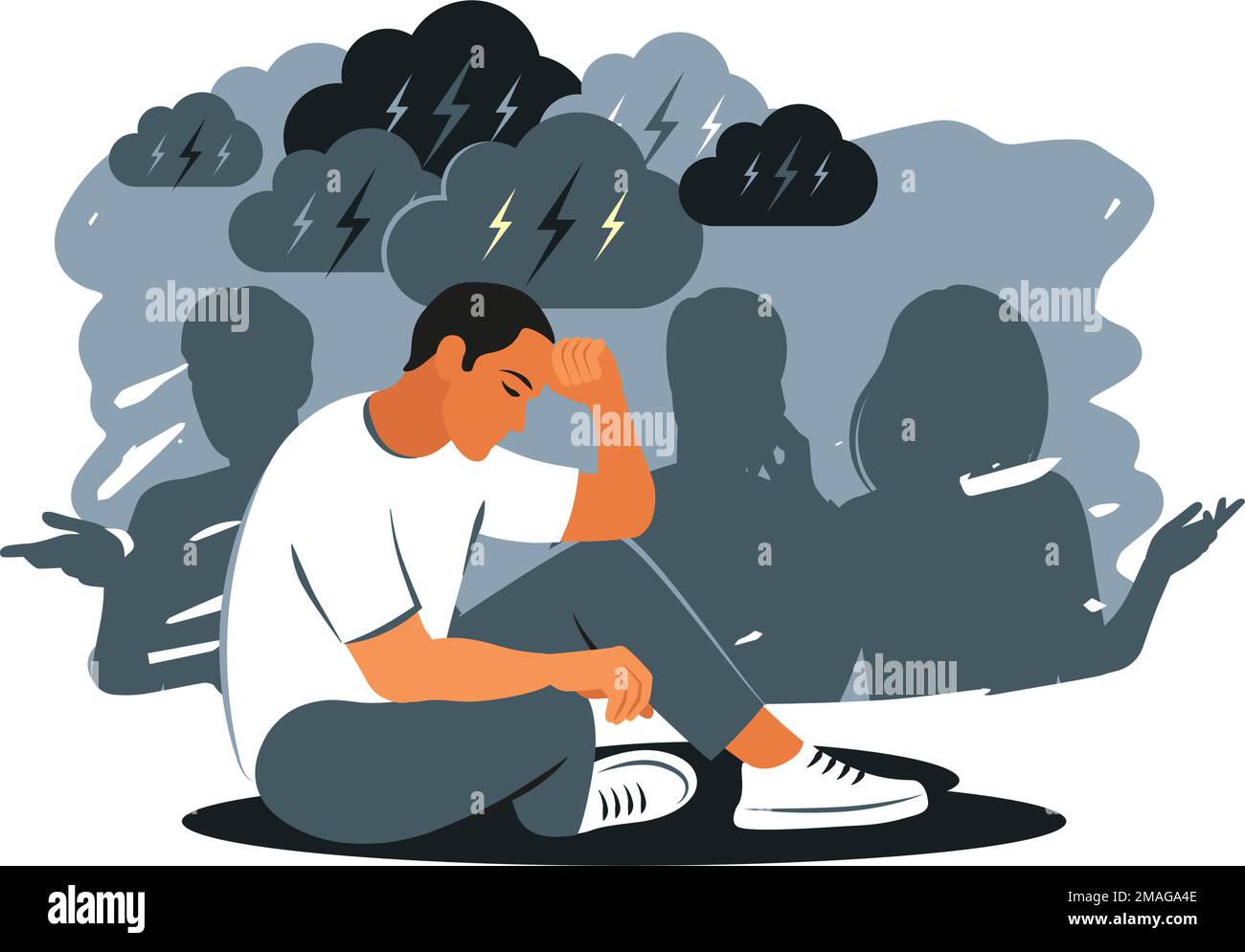 Sad man feel lonely in crowd. Man with psychological problems suffer ...