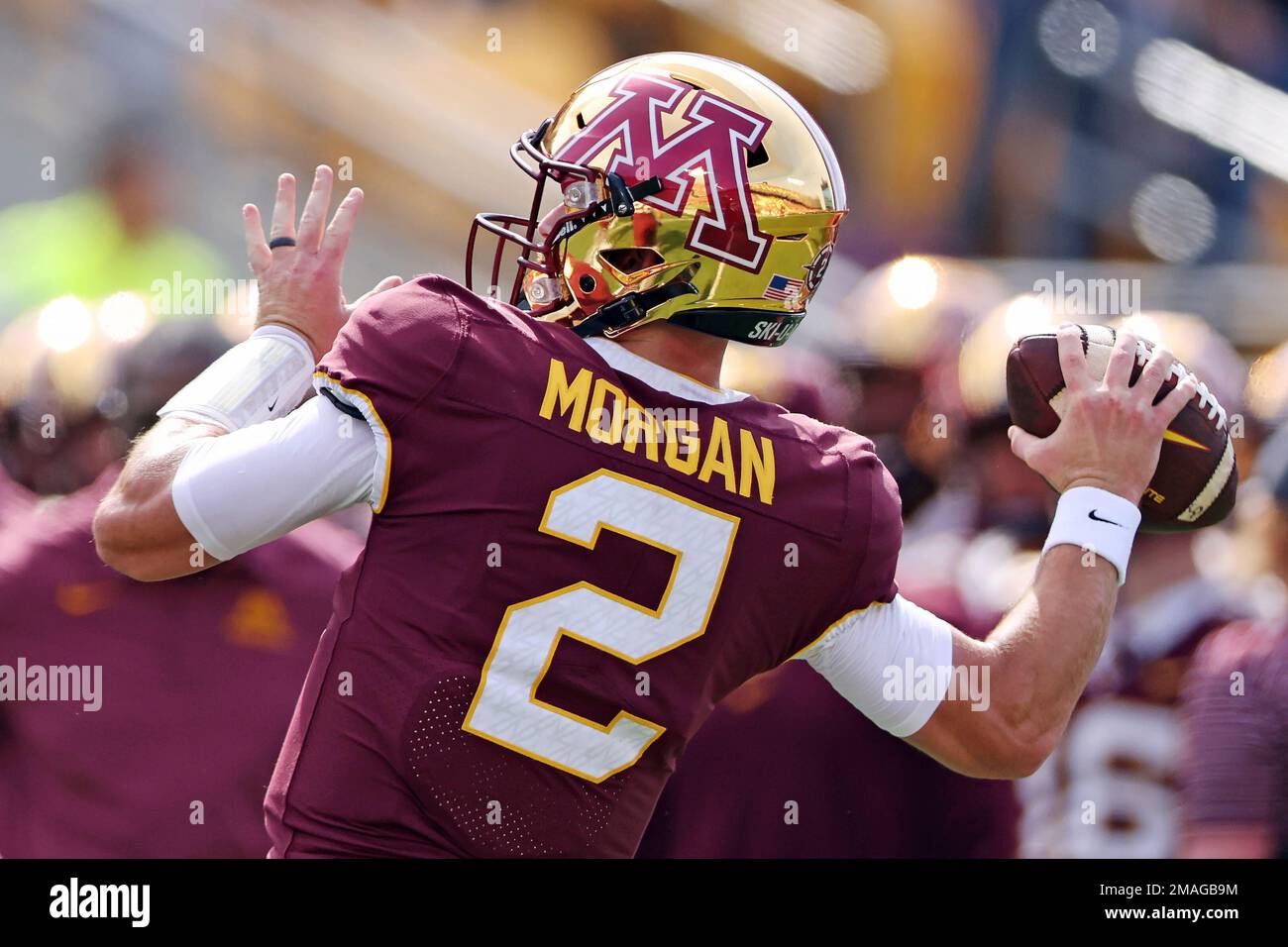 Minnesota quarterback Tanner Morgan (2) warms up prior to an NCAA ...